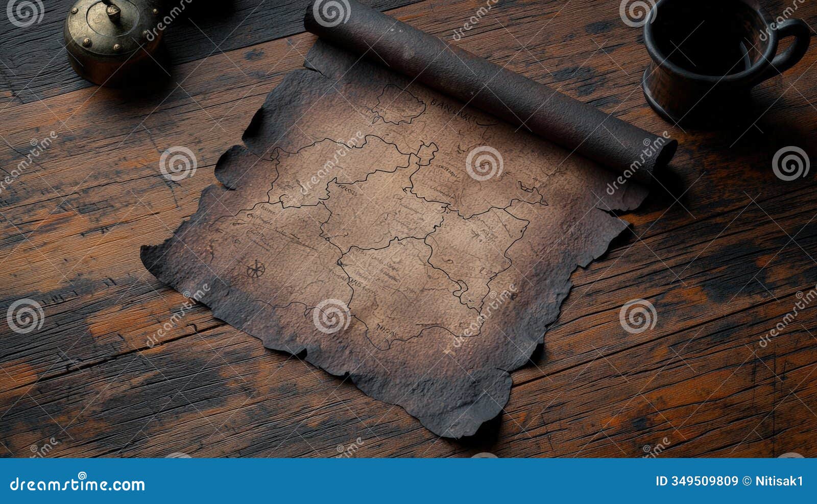 Ancient Parchment Map Displayed on Rustic Table with Wooden Texture ...