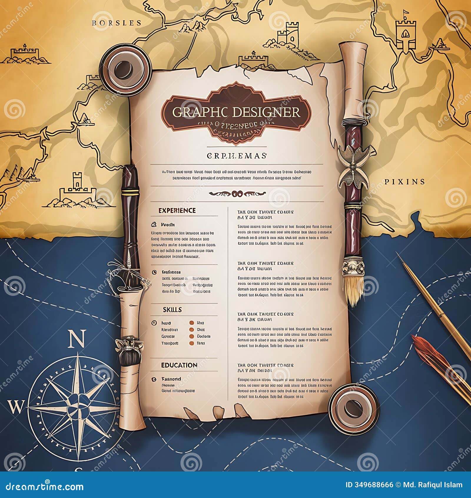 Ancient Parchment Paper with Vintage Map and Compass Scroll Side ...