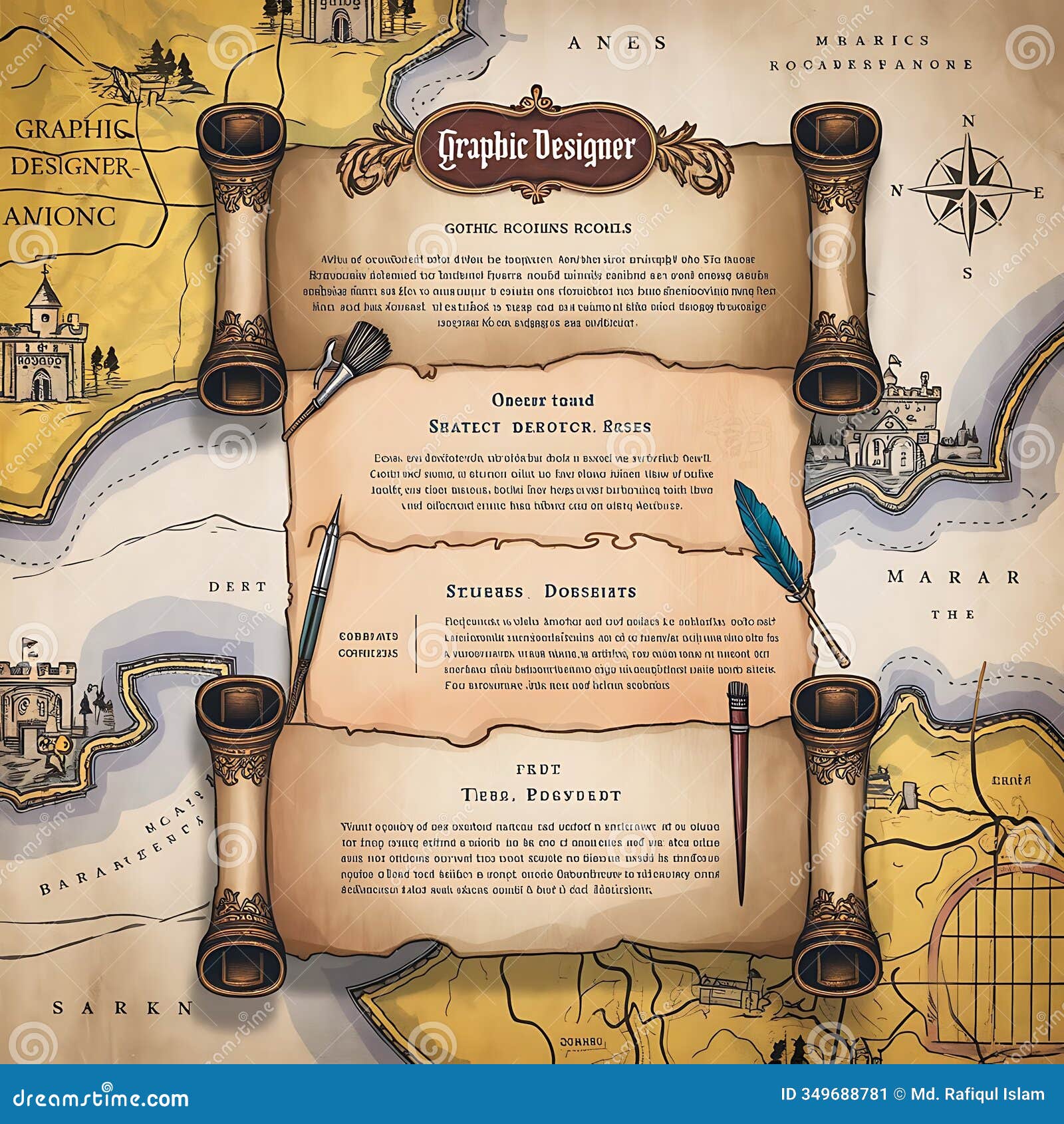 Ancient Parchment Paper with Vintage Map and Compass Scroll Side ...