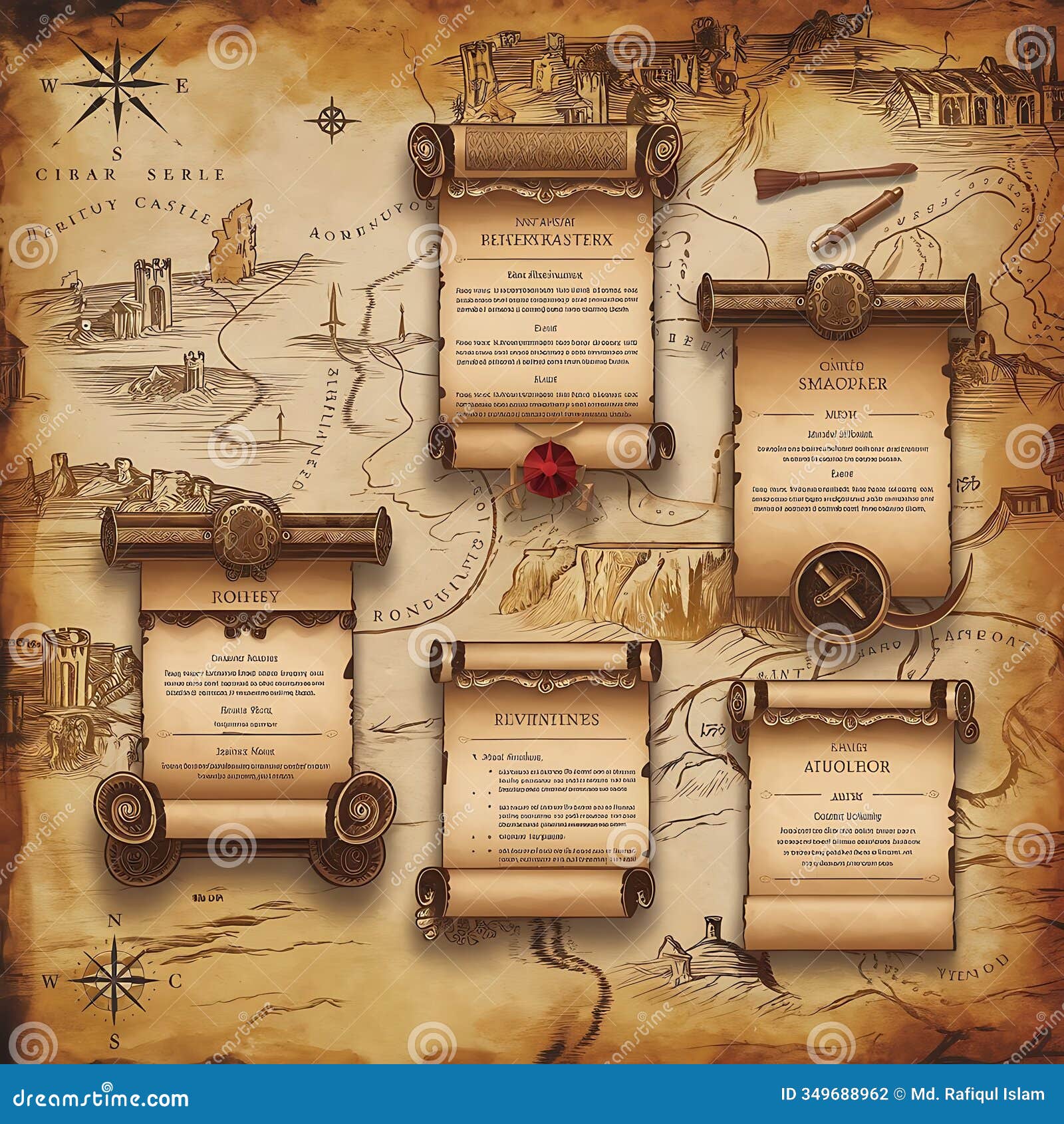 Ancient Parchment Paper with Vintage Map and Compass Scroll Side ...