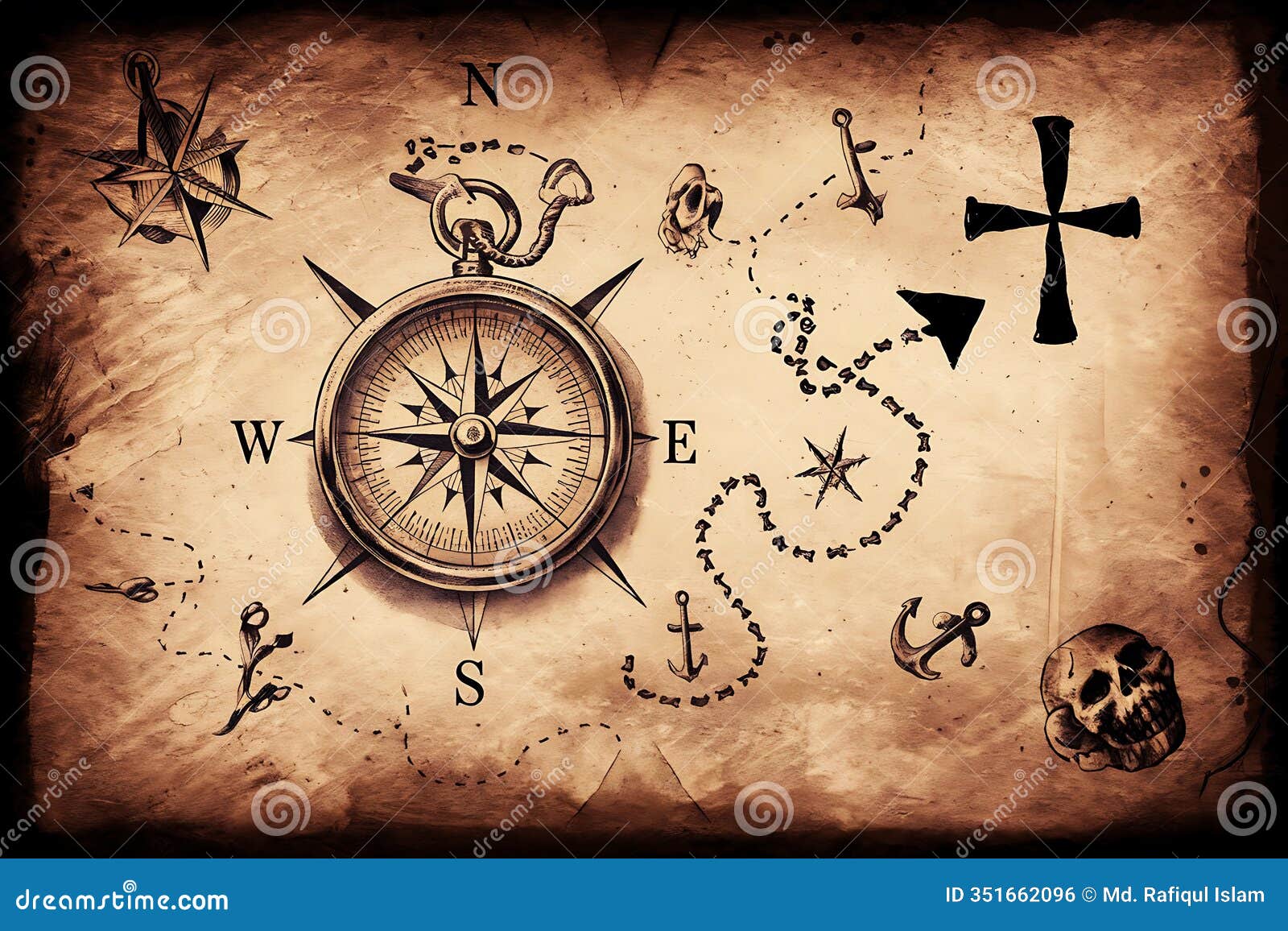 Ancient Parchment Vintage Paper Map and Compass of Scroll Illustration ...