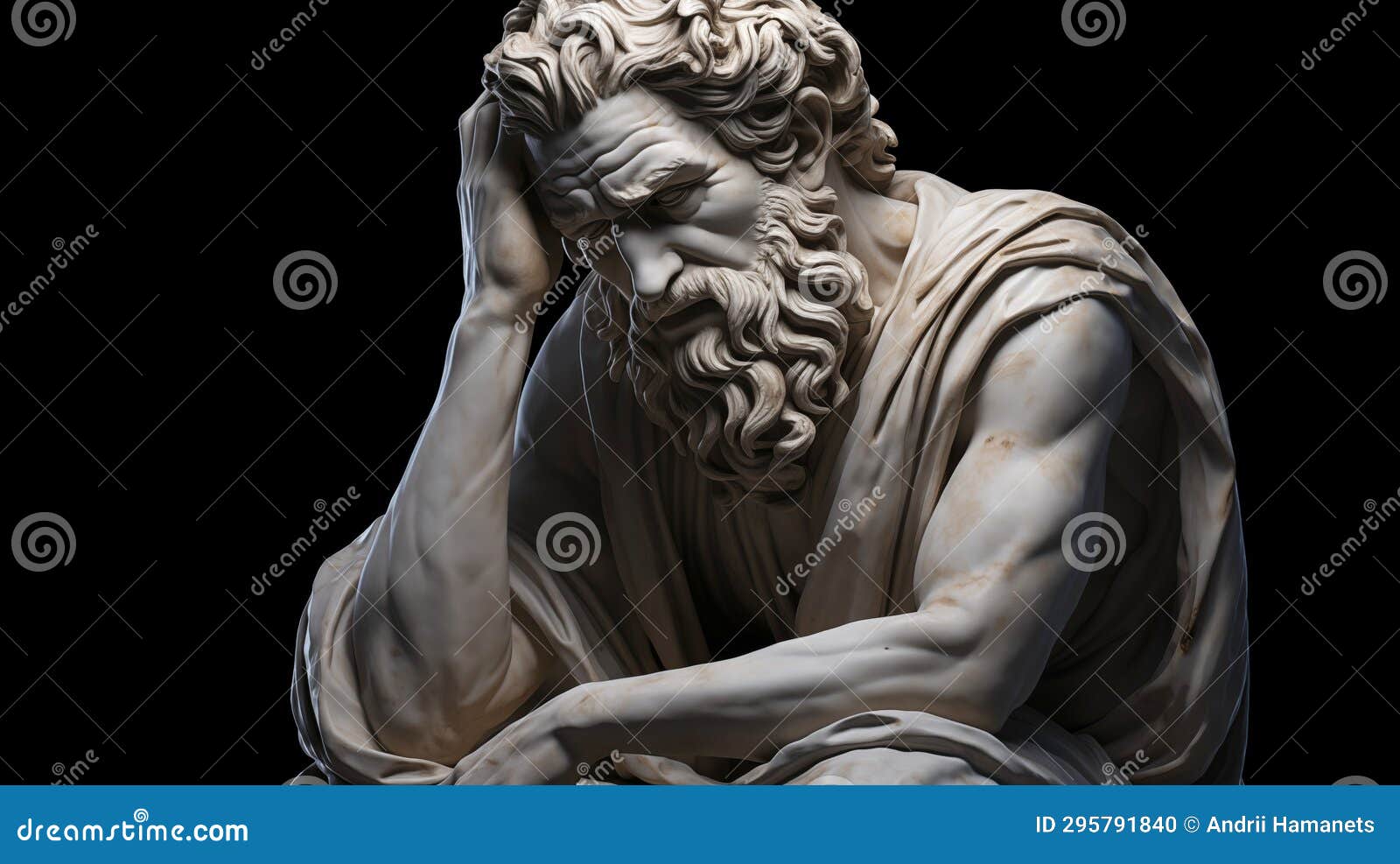 Ancient Philosopher Statue in Deep Thought Against Black Background ...