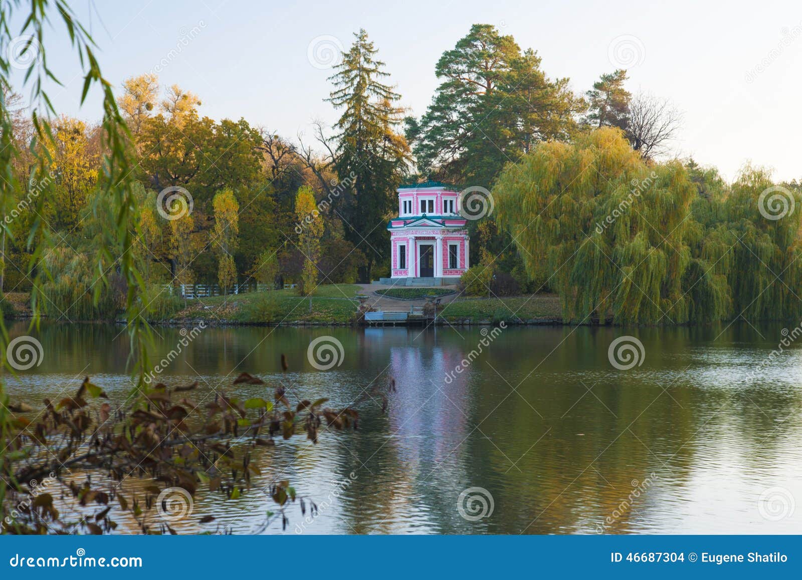 Ancient Pink Pavilion in Autumn Park Stock Photo - Image of landscape ...