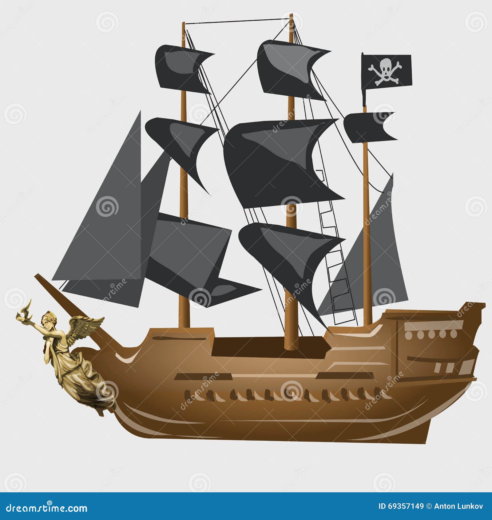 Ancient Pirate Ship With Black Sails And Flag Cartoon Vector ...