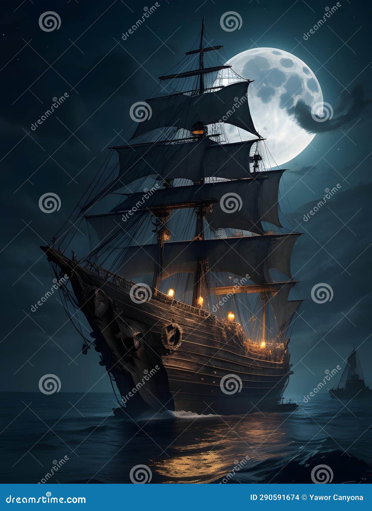 An Ancient Pirate Ship, Its Hull Battered and Worn, Sails Billowing in ...