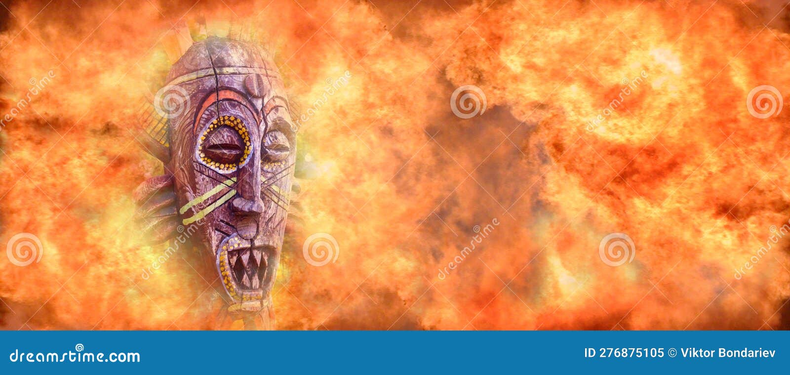 Ancient Primitive Wooden Mask Surrounded by a Solid Wall of Flame Stock ...