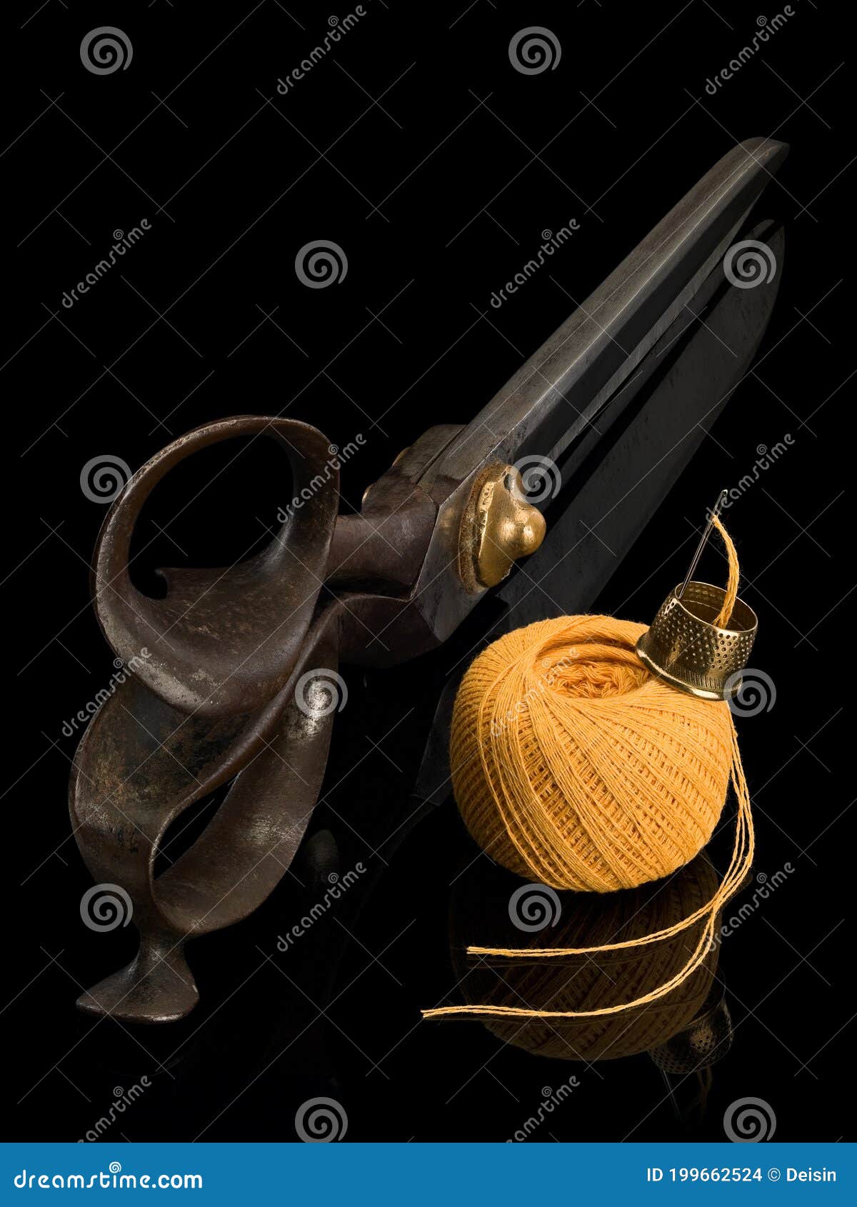 Ancient, Professional Scissors of the Cutter, Hank of Yellow Threads ...