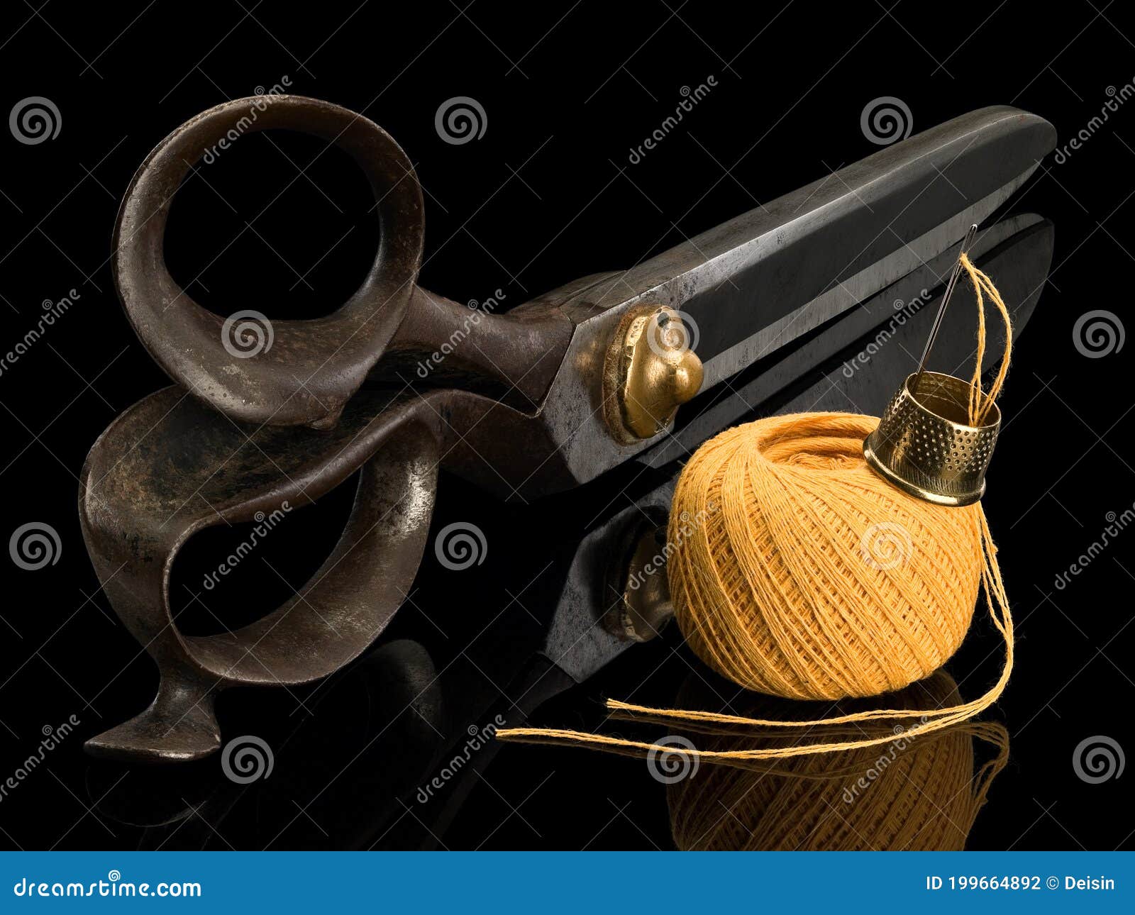 Ancient, Professional Scissors of the Cutter, Hank of Yellow Threads ...