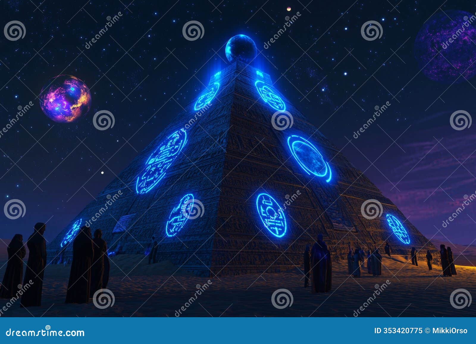 Ancient Pyramid in Space with Glowing Symbols Surrounded by People in ...