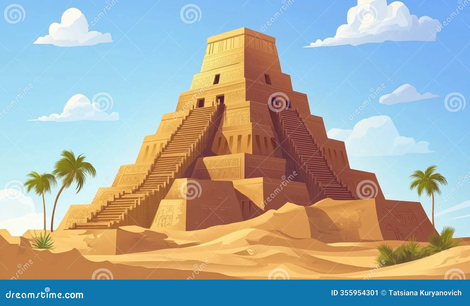 Ancient Pyramid Structure In Desert Landscape With Palm Trees Royalty ...
