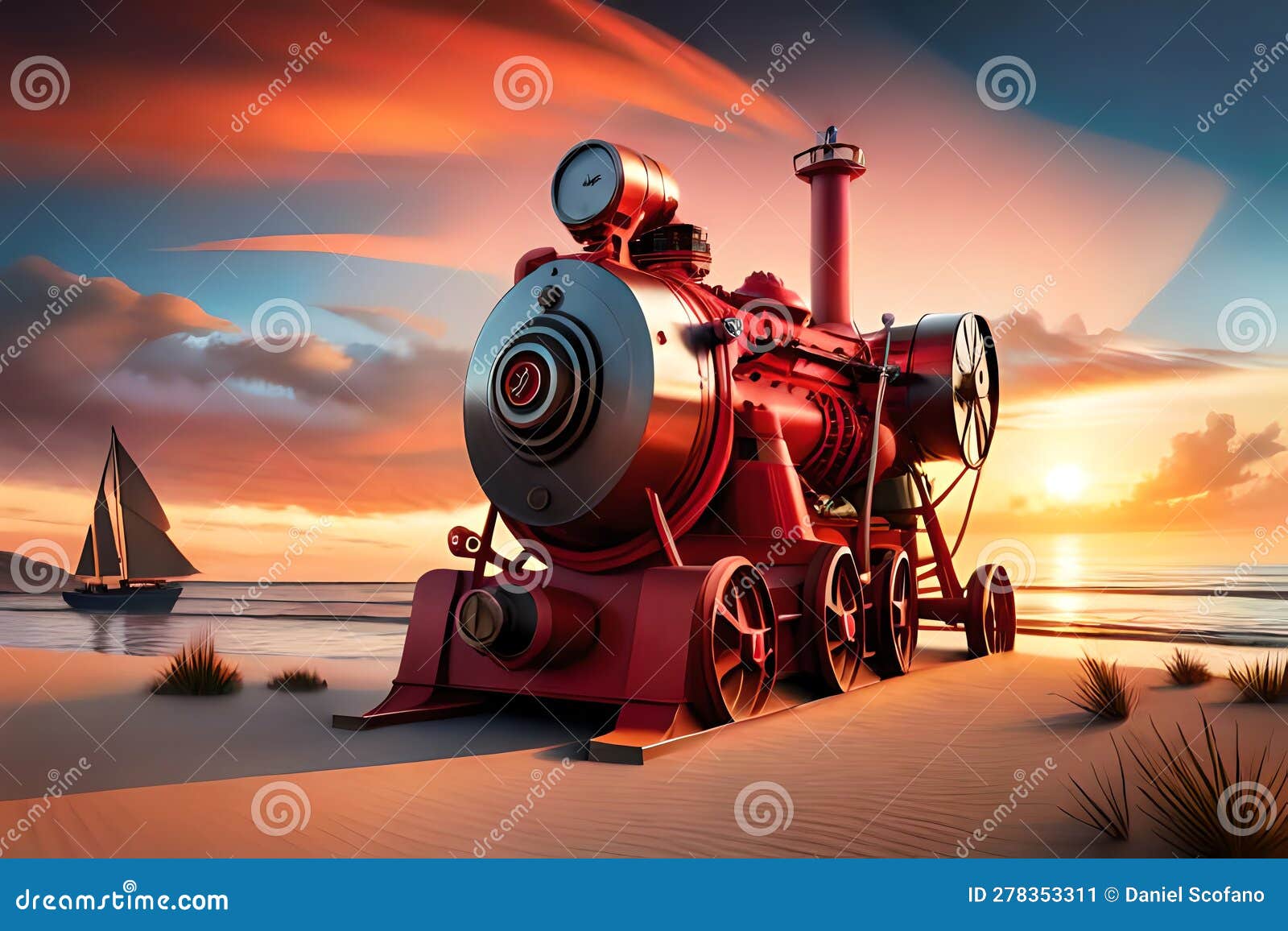 An Ancient Red Mechanical Engine Runs Aground on the Beach, Digital Art ...