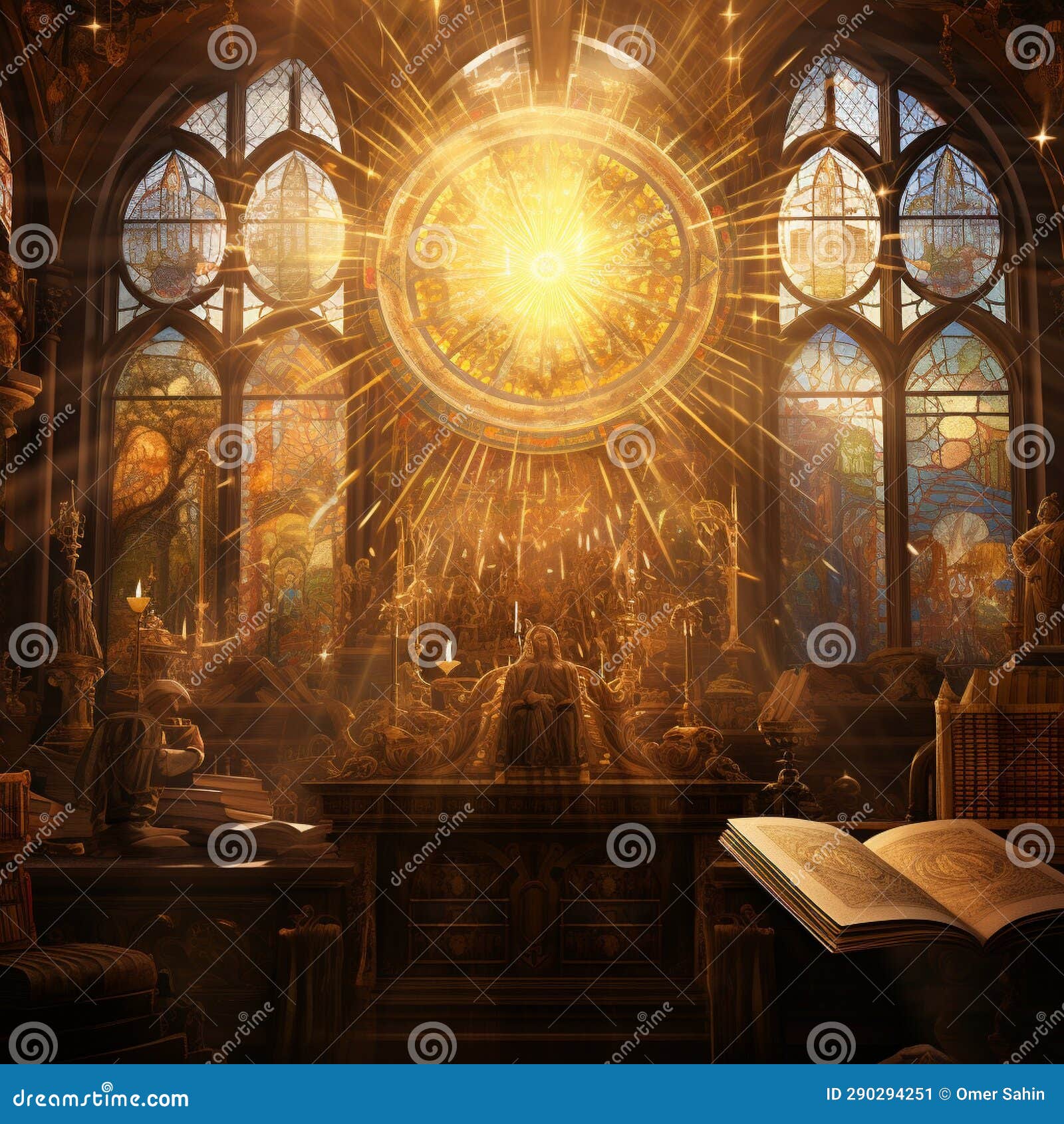 Ancient Religious Scripture Bathed in Golden Sunlight Stock Image ...