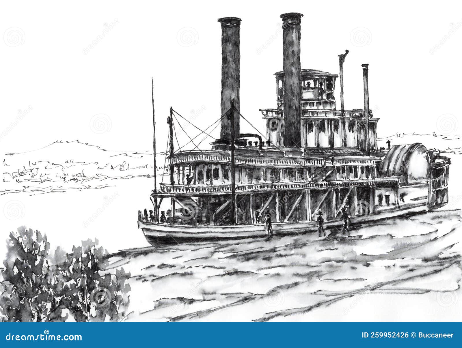 Ancient River Paddle Steamer on Riverside Stock Illustration ...