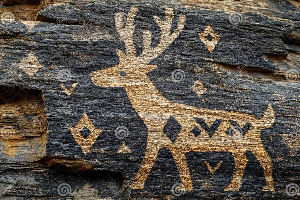 Ancient Rock Art, a Deer Etching on a Rugged Cliff Face Stock Photo ...