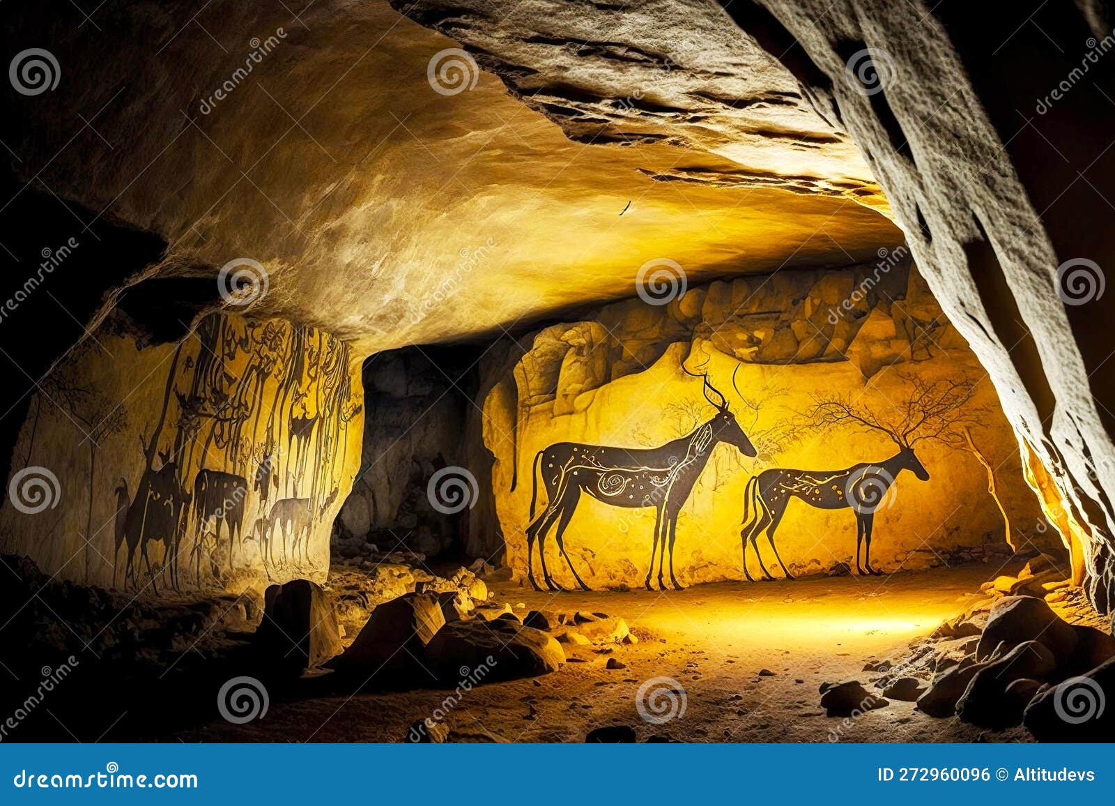 Ancient Rock Art Gallery with Cave Painting Stock Illustration ...