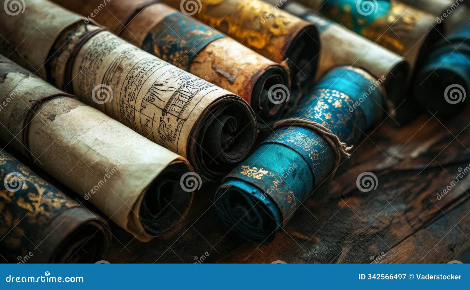 Ancient Rolled Manuscripts with Intricate Script and Embellishments ...