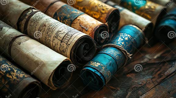 Ancient Rolled Manuscripts with Intricate Script and Embellishments ...
