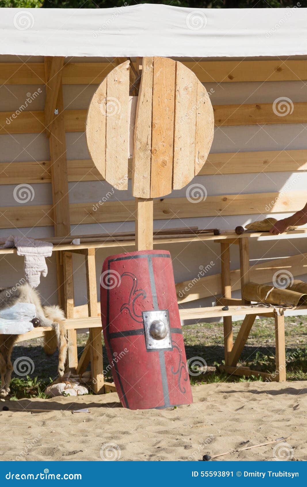 Ancient Roman Armor and Weapons in Arena Stock Image - Image of wood ...
