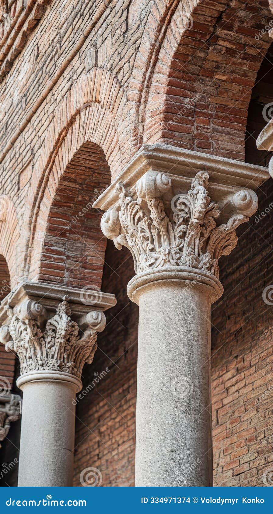 Ancient Roman Columns with Ornate Capitals and Brick Archway Stock ...