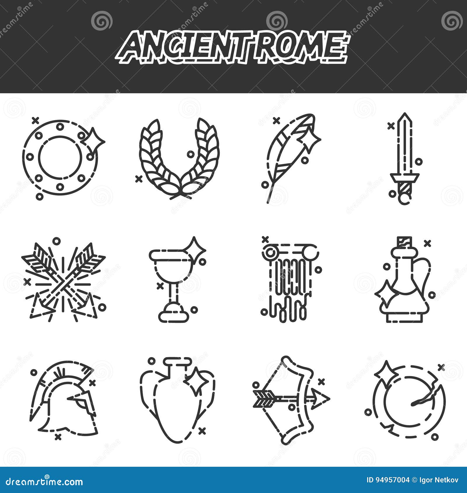 Ancient Rome Cartoon Icons Set Stock Vector - Illustration of building ...