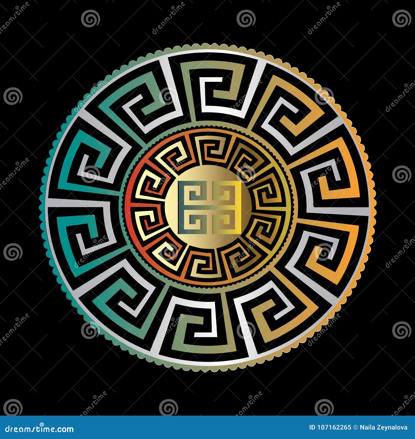 Ancient Round Ornament. Vector Gold Black Blue Meander Pattern O Stock ...