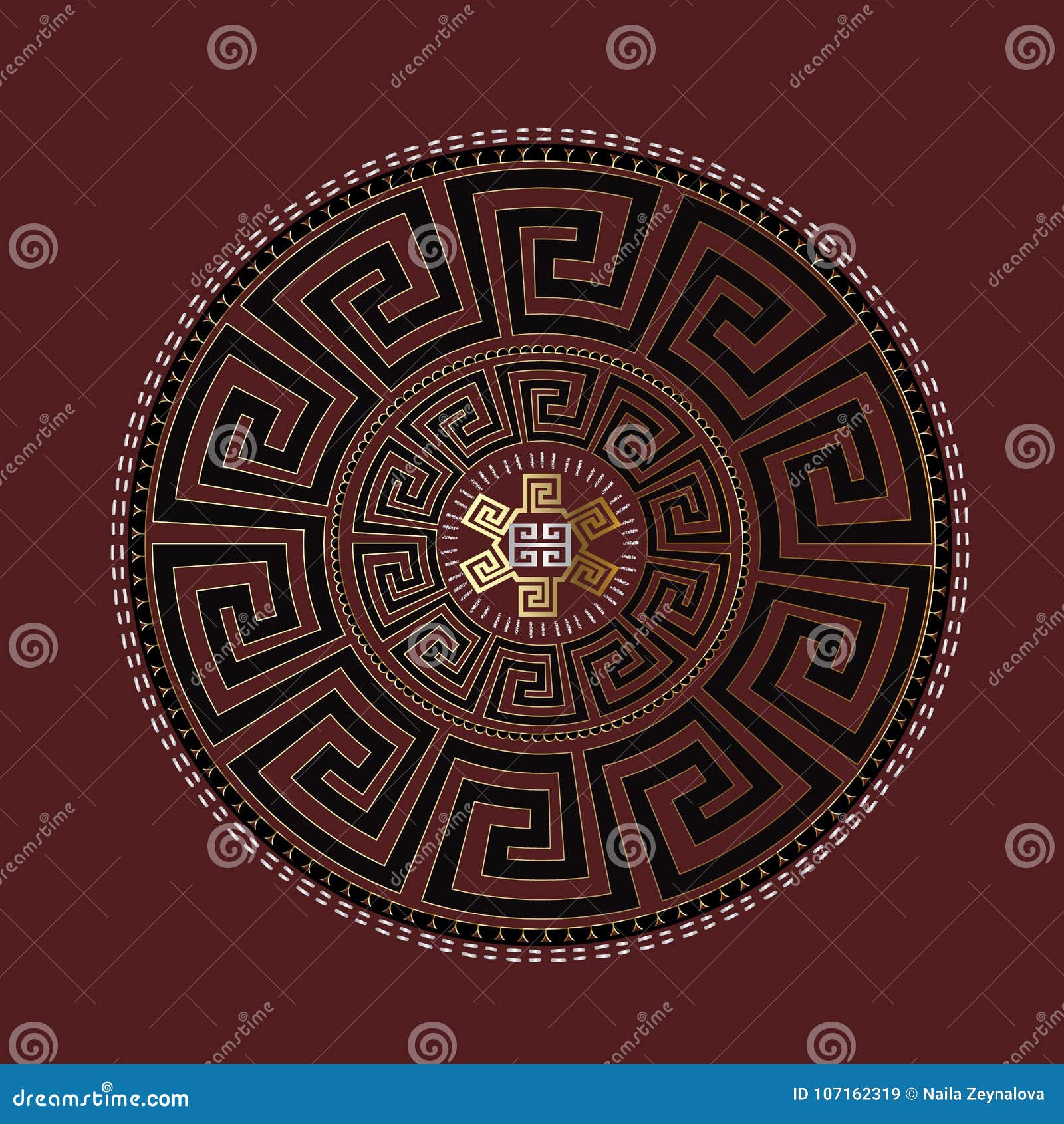 Ancient Round Ornament. Vector Gold Black Meander Pattern on the Stock ...