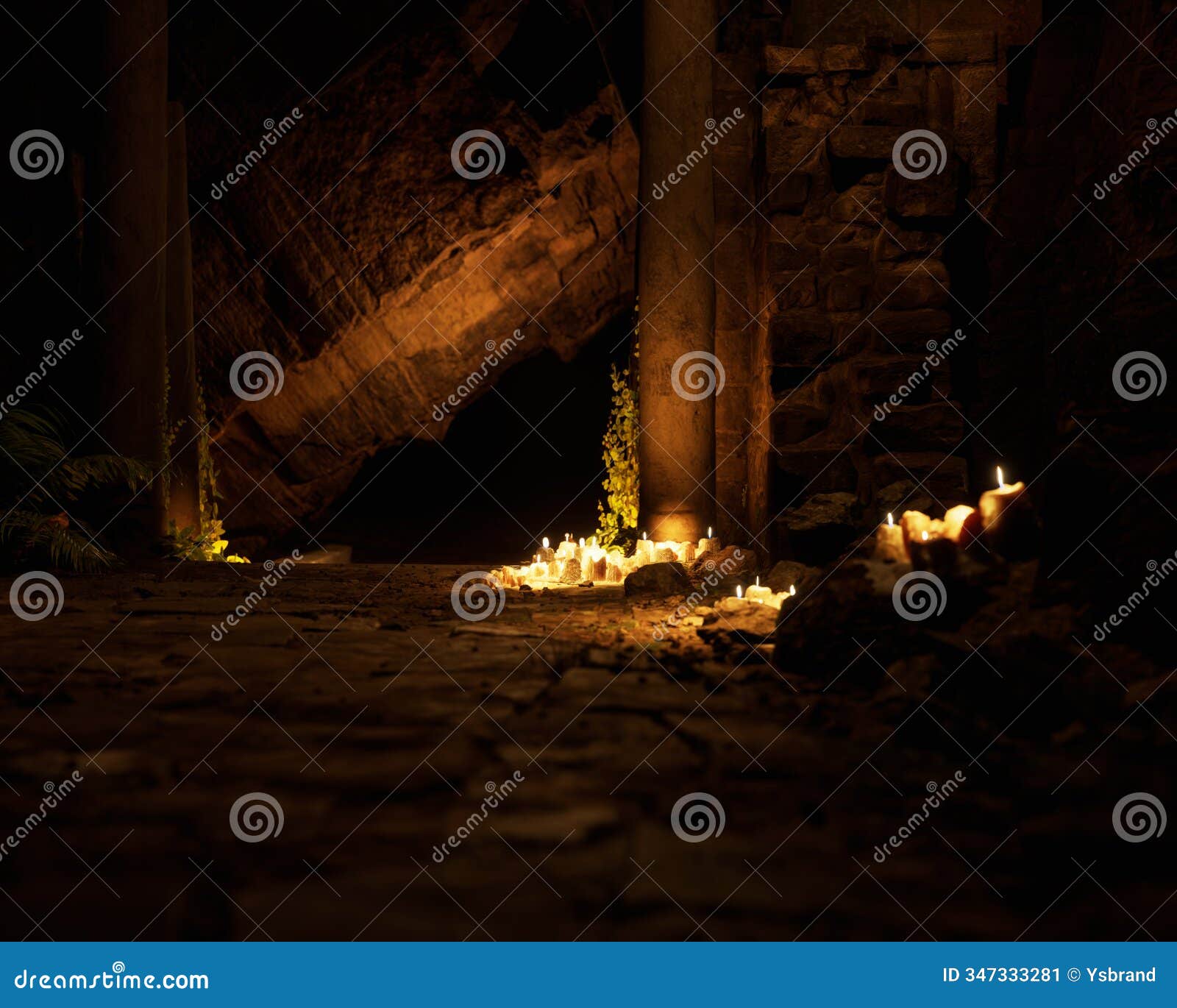 Ancient Ruin of Roman Cave with Vegetation and Illuminated Candles ...