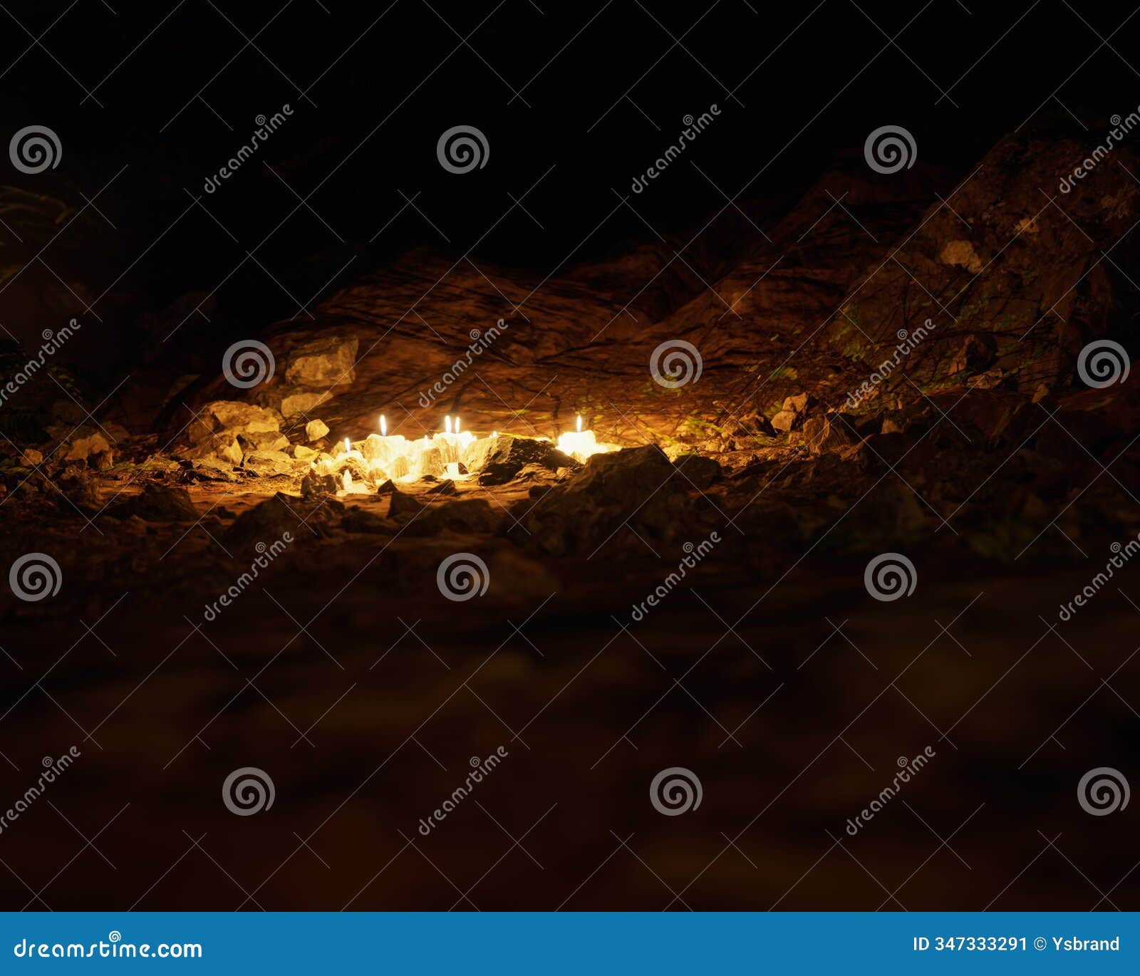 Ancient Ruin of Roman Cave with Vegetation and Illuminated Candles ...