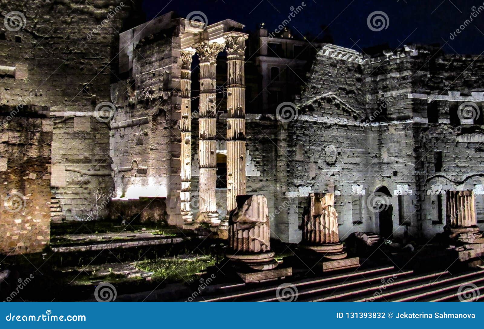 Ancient Ruin in Rome at Night, Italy Stock Photo - Image of building ...