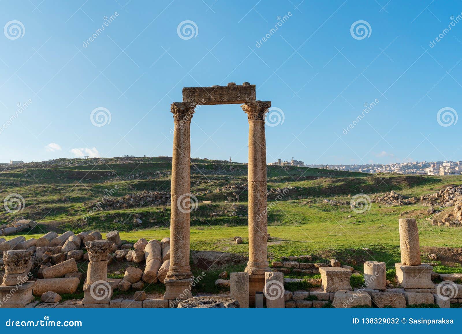 Ancient Ruined Architecture with Meadow in Jerash, Amman, Jordan Stock ...