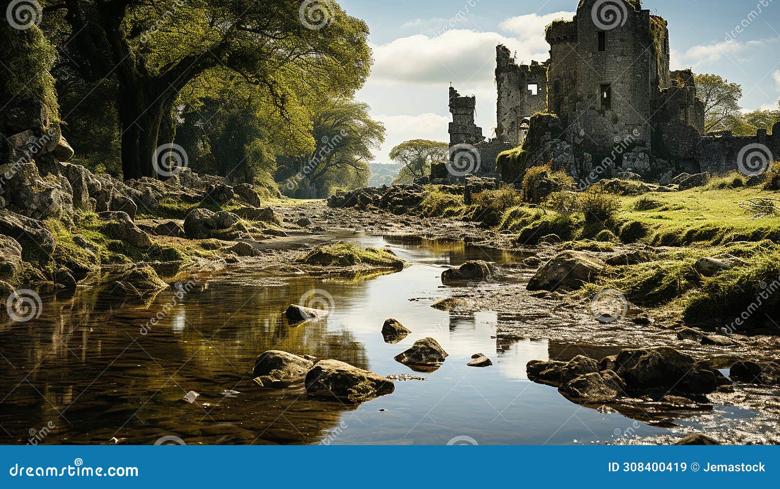 Ancient Ruined Castle Reflects in Tranquil Water, Surrounded by Nature ...