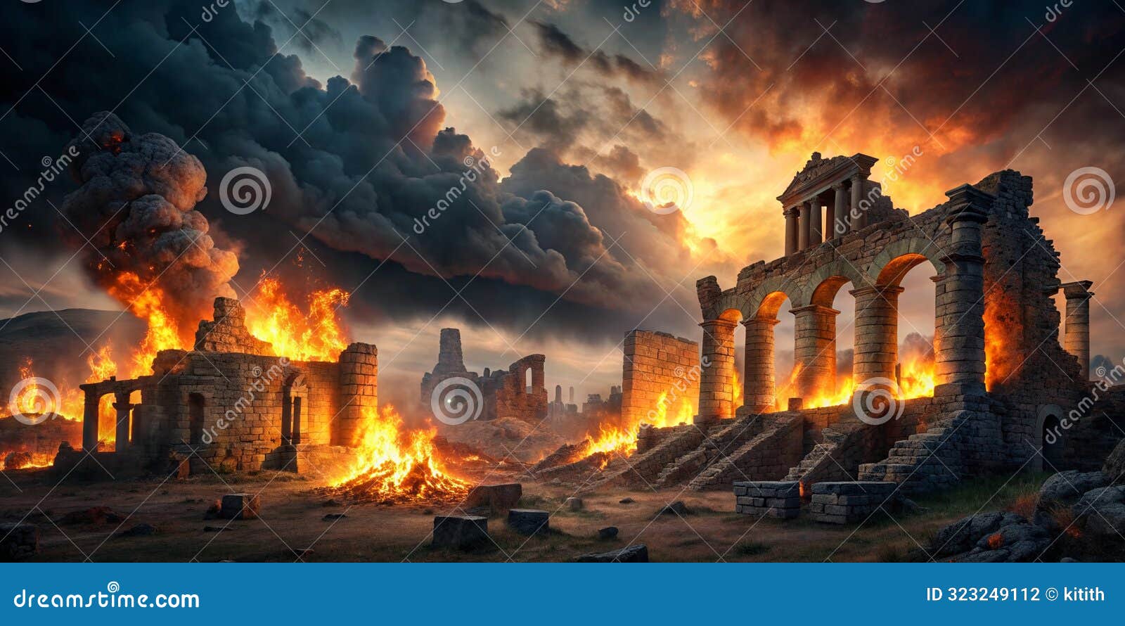 Ancient Ruins Ablaze Under Dark Sky Flames Highlighting Stone ...