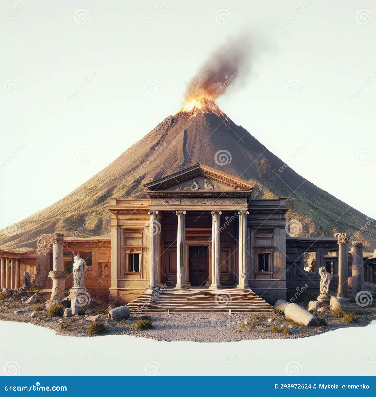 Ancient Ruins Against the Backdrop of a Burning Volcano. Stock Photo ...