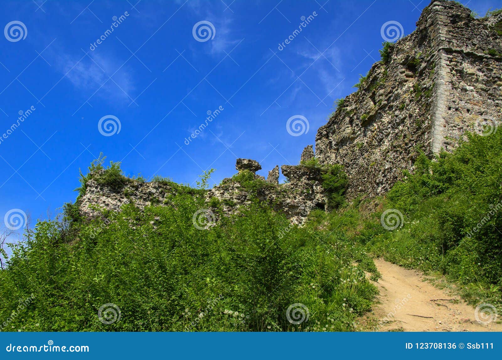 The Ruins Of Khust Fortress On A Hill In The Middle Of A Typical ...