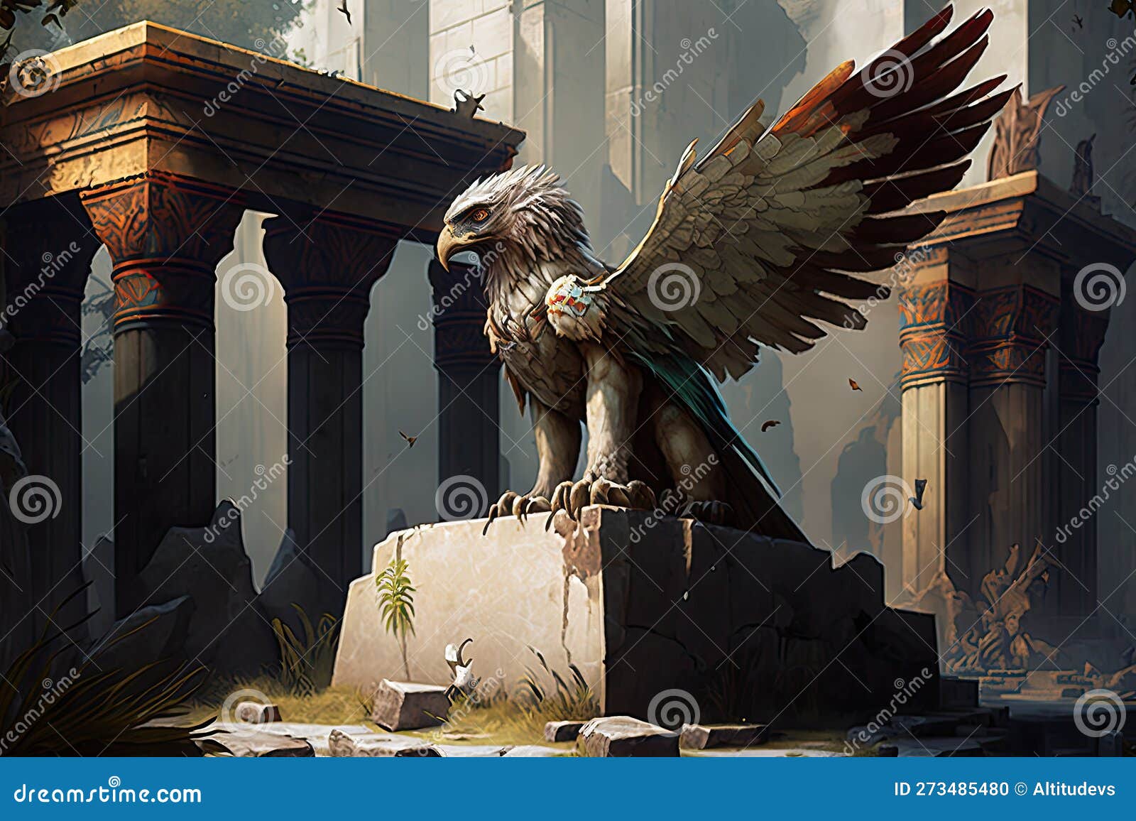 Ancient Ruins, with Griffin Perched on Broken Pillar Stock Illustration ...