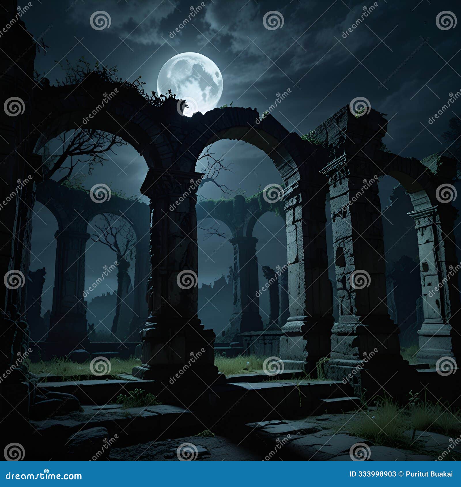 Ancient Ruins at Night Under the Full Moon Sky Stock Illustration ...
