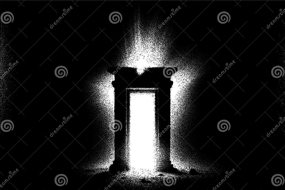 Ancient Ruins in Sci-fi Scene with Dotwork Retro Style. Mysterious Gate ...