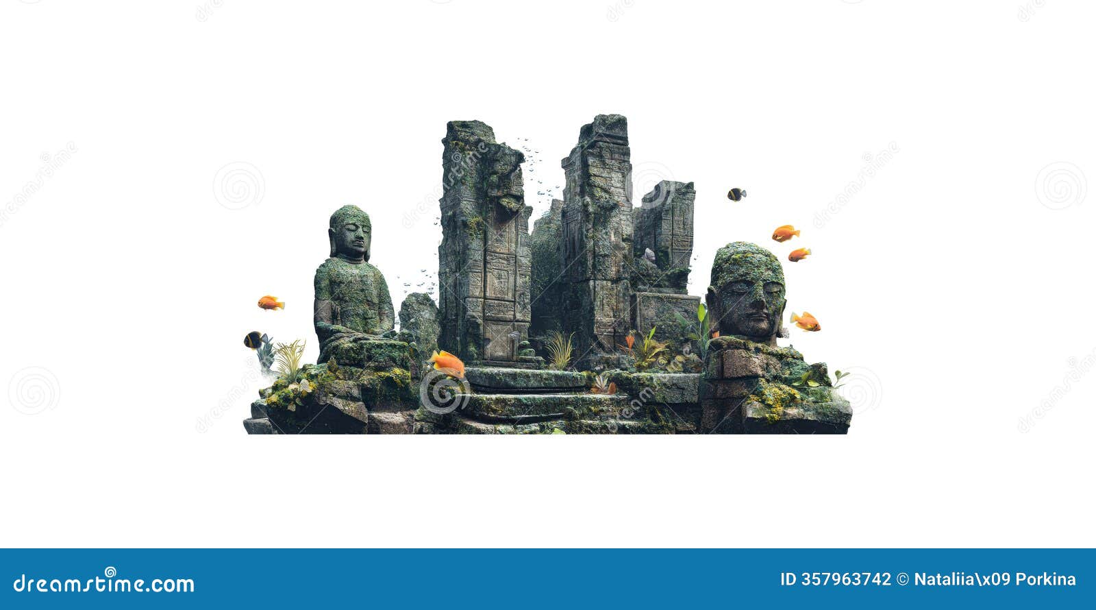 Ancient Ruins with Statues and Fish Isolated on Transparent Background ...