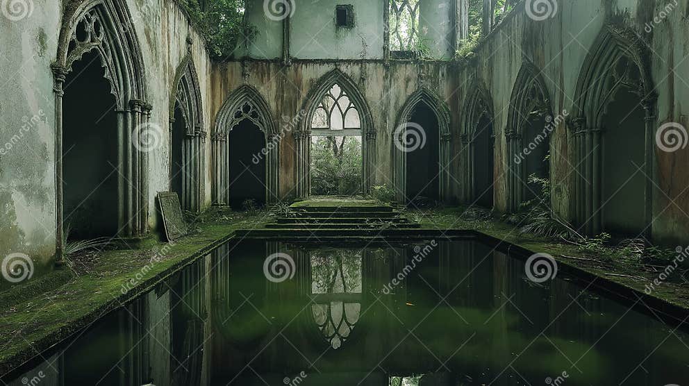 Ancient Ruins with a Stone Courtyard and Reflection Pool in a Medieval ...