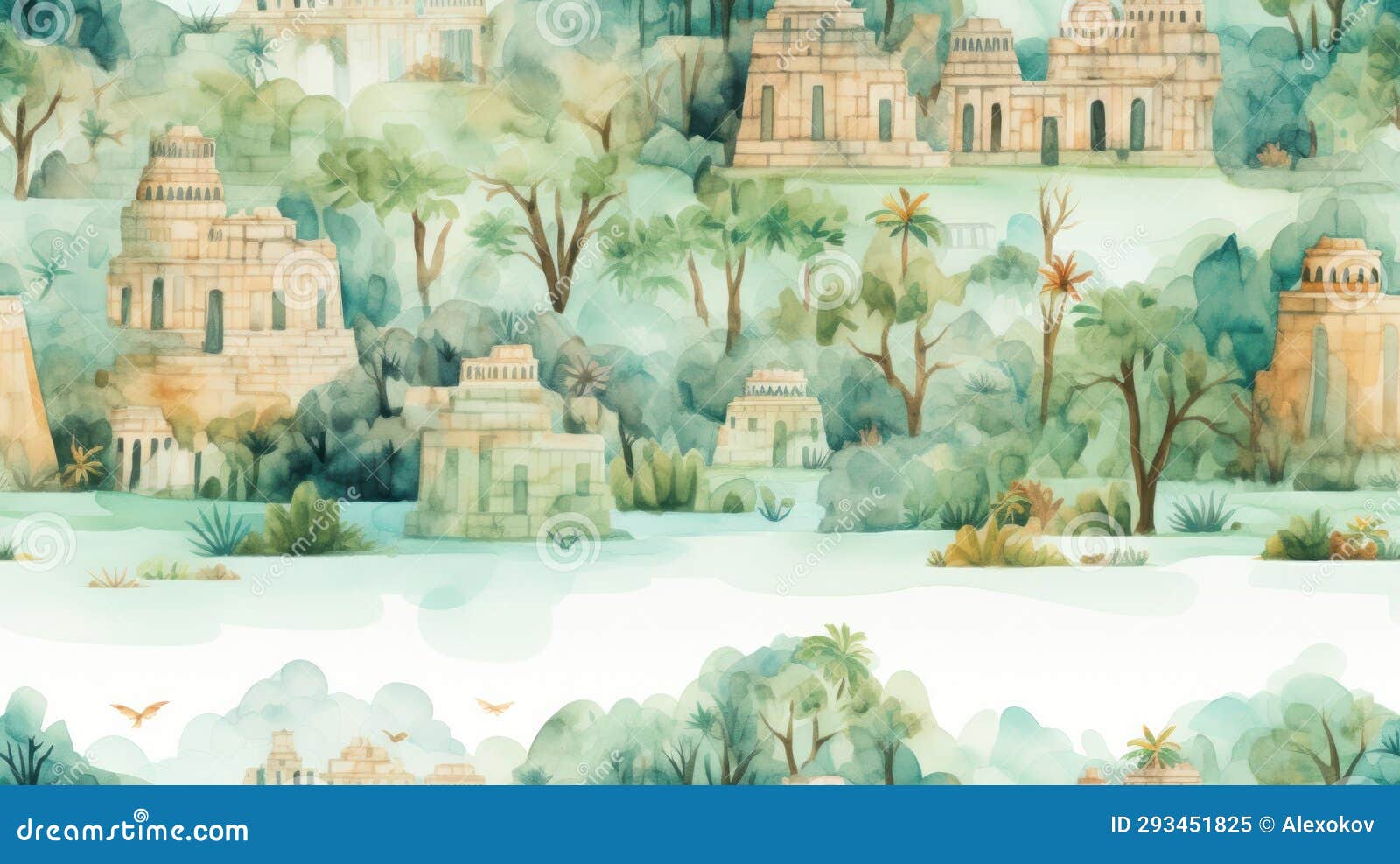 Ancient Ruins and Temples: Handpainted Watercolor Seamless Pattern AI ...