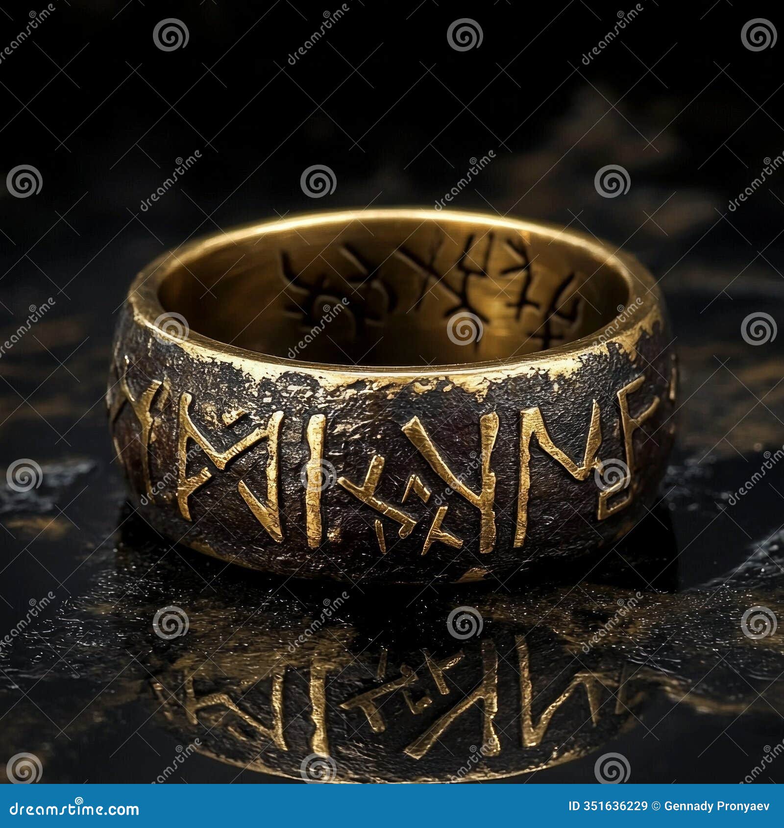 Ancient Rune-inscribed Bronze Ring on Shiny Black Surface Stock Image ...