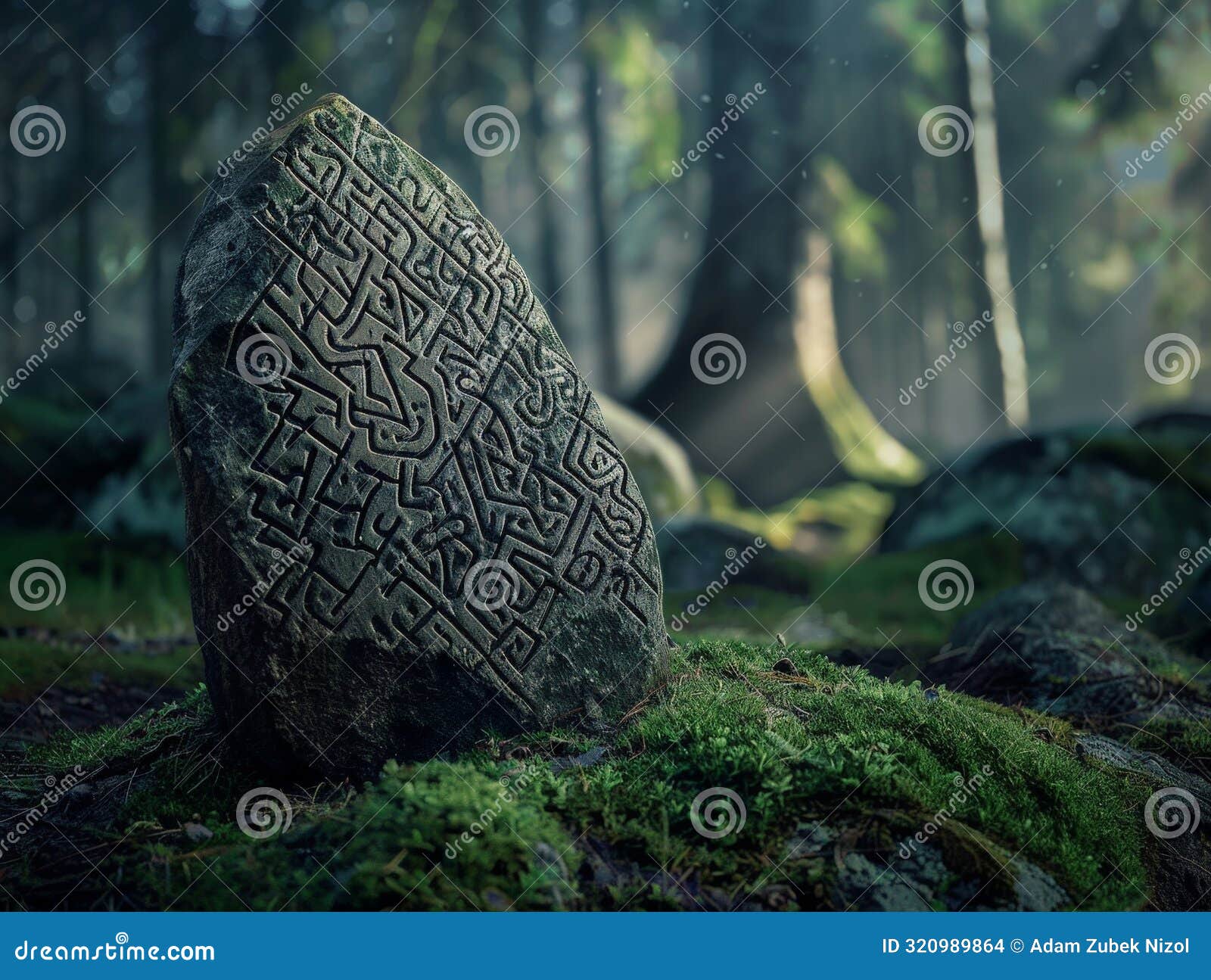 Ancient Rune Stone in Mystical Forest Stock Illustration - Illustration ...