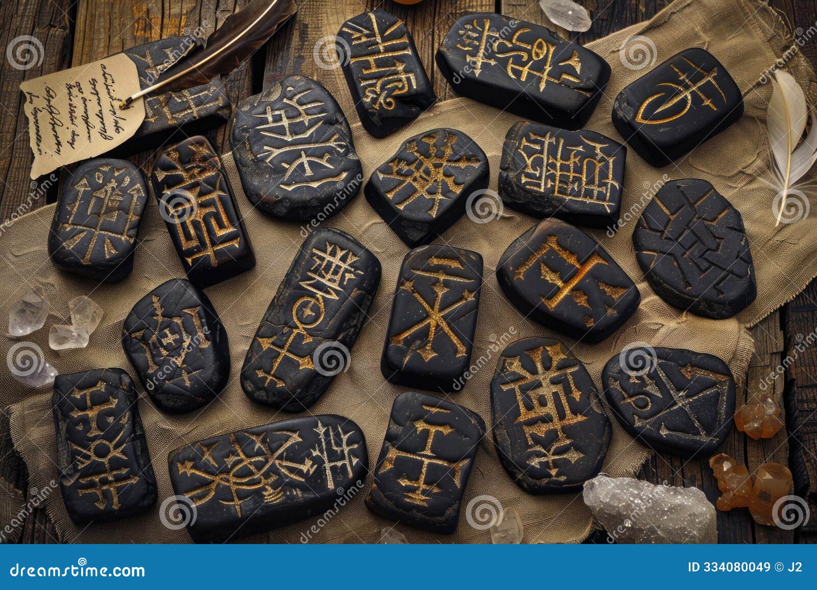 Ancient Rune Stones on Burlap with Crystals and Feather in Mysterious ...
