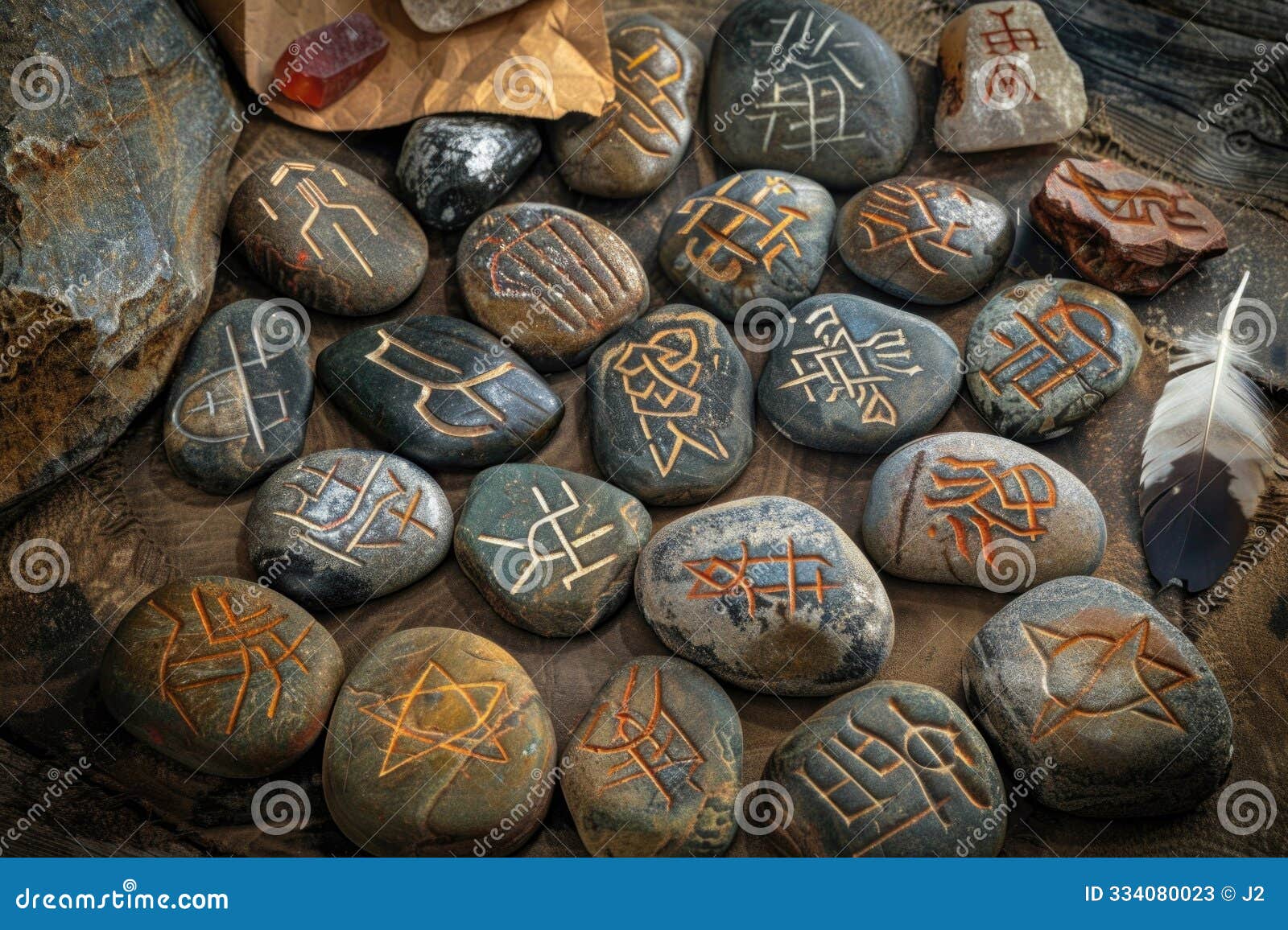 Ancient Runes on Stones with Feather and Crystals on Rustic Surface AI ...