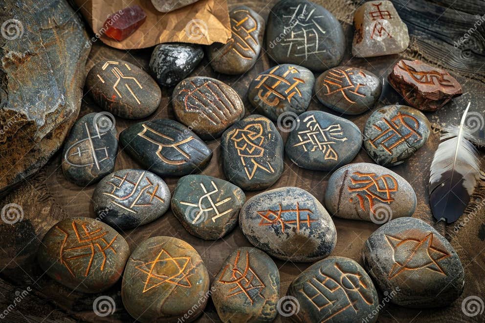Ancient Runes on Stones with Feather and Crystals on Rustic Surface AI ...