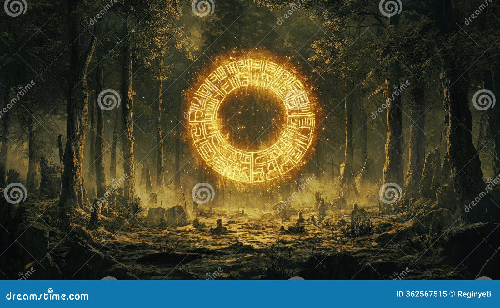 Ancient Runic Alphabets in Mystical Forest Lithography Illustration ...