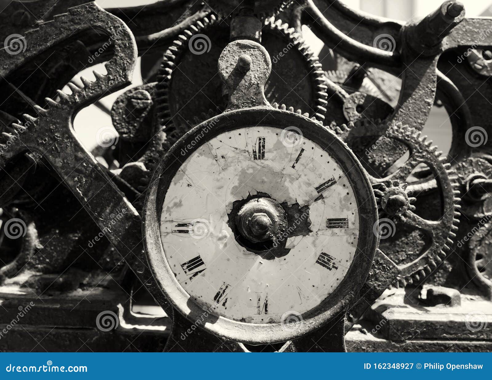 Ancient Rusty Broken Iron Clock with Weathered Face and Exposed Complex ...