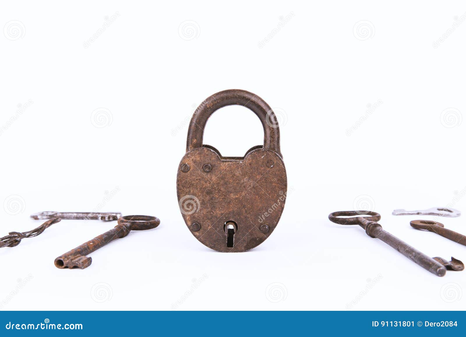 Ancient Rusty Padlock with Collection of Keys Isolated on White ...