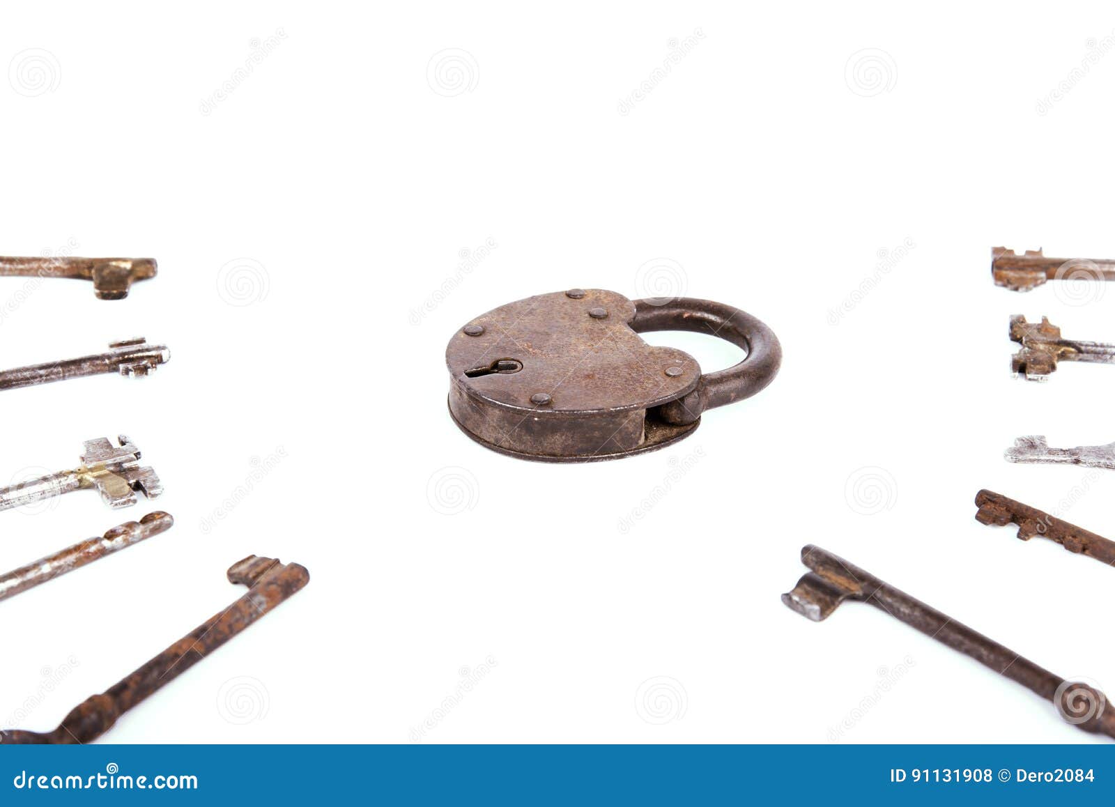 Ancient Rusty Padlock with Collection of Keys Isolated on White ...