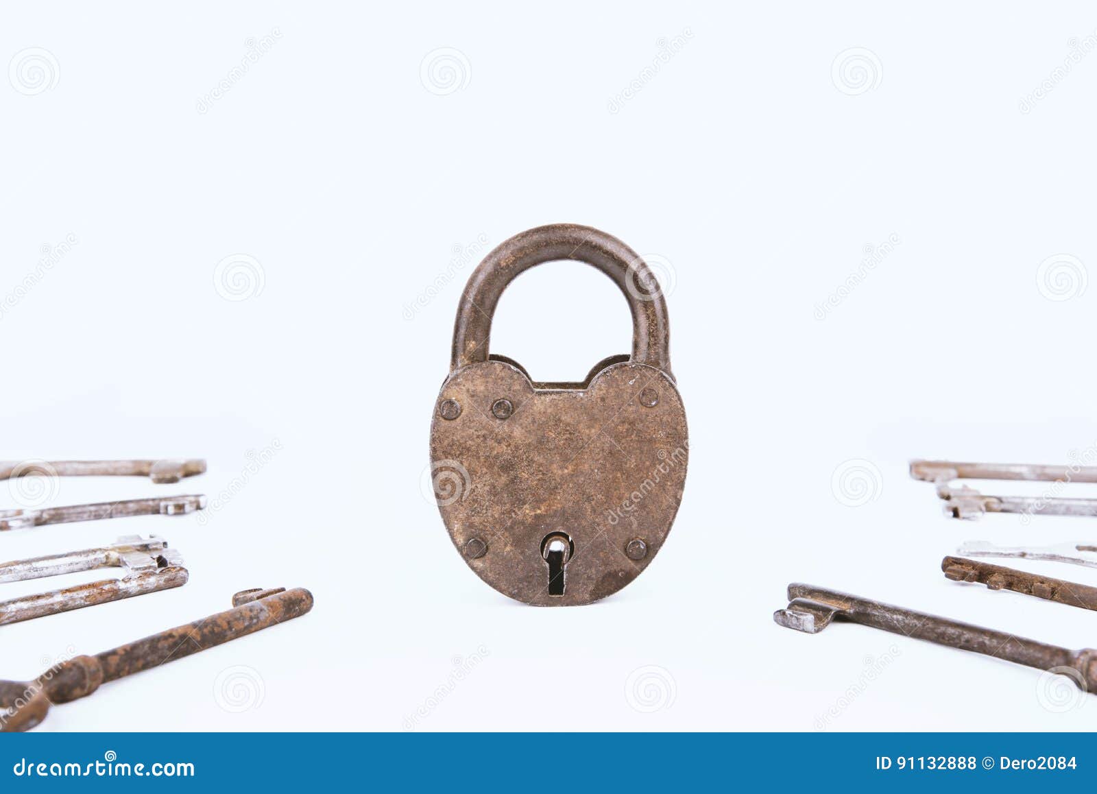 Ancient Rusty Padlock with Collection of Keys Isolated on White ...